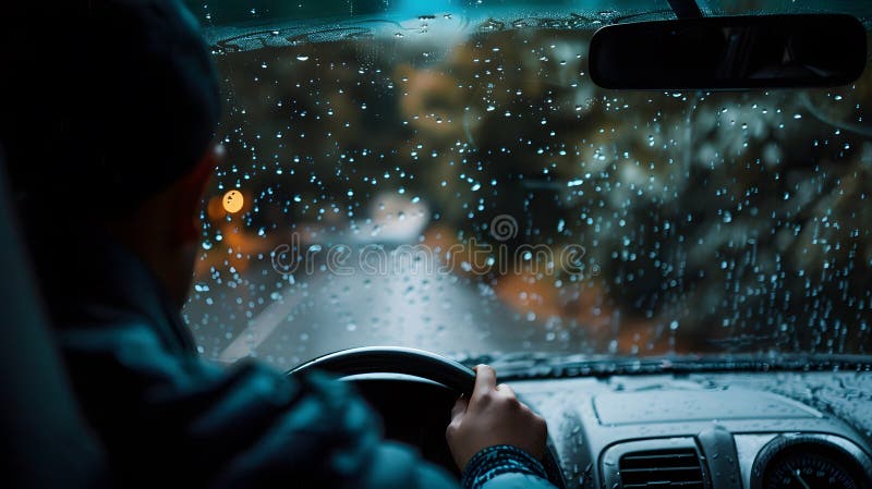 Person Sitting in Car Looking Out at Rain-Blurred Windshield Stock ...