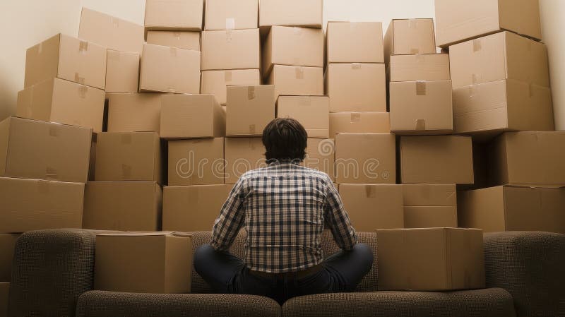 A Person Sitting on a Couch, Facing a Wall of Stacked Cardboard Boxes ...