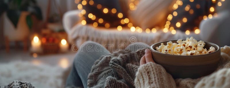 Person Sitting on Couch with Bowl of Popcorn Stock Image - Image of ...