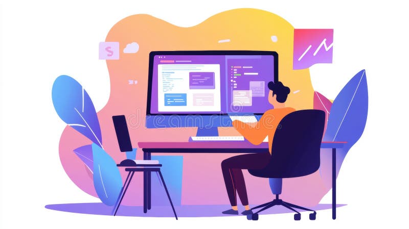 A Person Sitting at a Desk with a Computer Stock Illustration ...