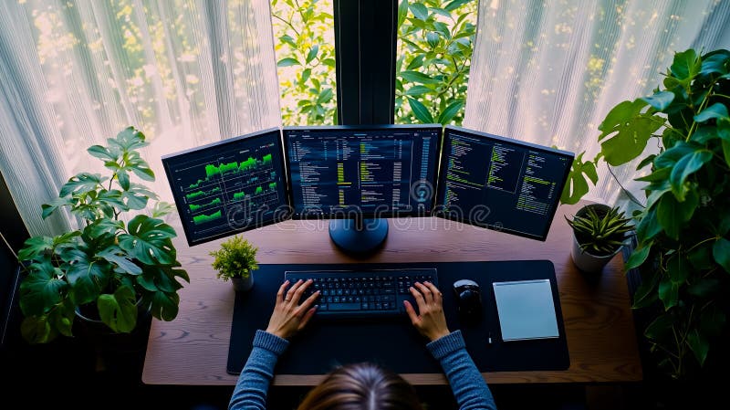 A Woman Sitting at a Desk Using a Computer Stock Photo - Image of ...