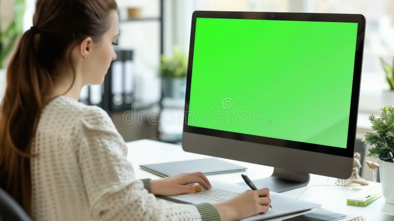 A Person Sitting at a Desk in Front of a Green Screen, Using a Computer ...