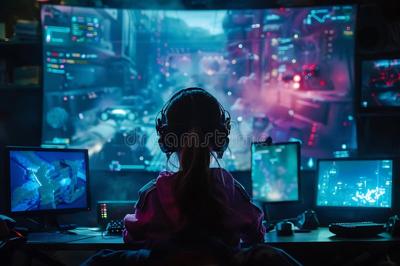Person Sitting at Desk with Multiple Computer Monitors Stock Image ...