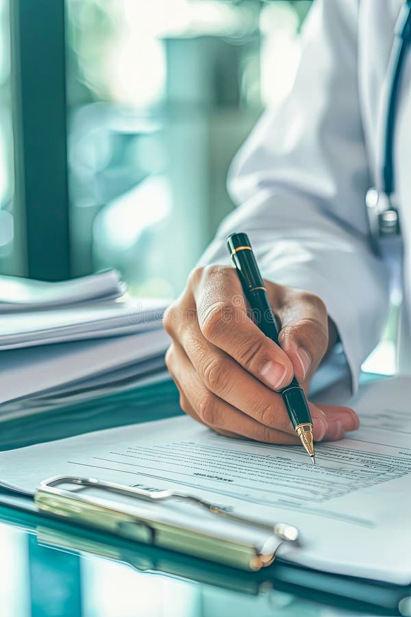 Person Sitting at Desk with Pen in Hand Stock Photo - Image of ...