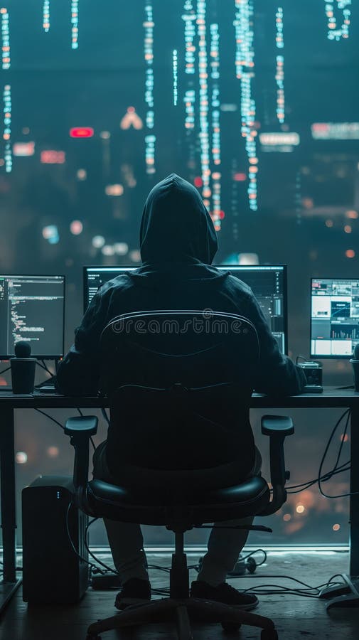 Person Sitting at Desk with Two Computer Monitors Stock Image - Image ...