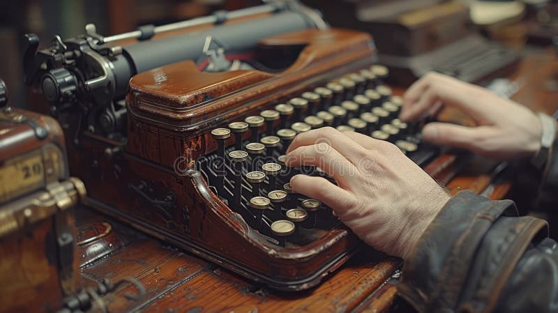 A Person Sitting at a Desk, Typing on an Old-fashioned Typewriter with ...