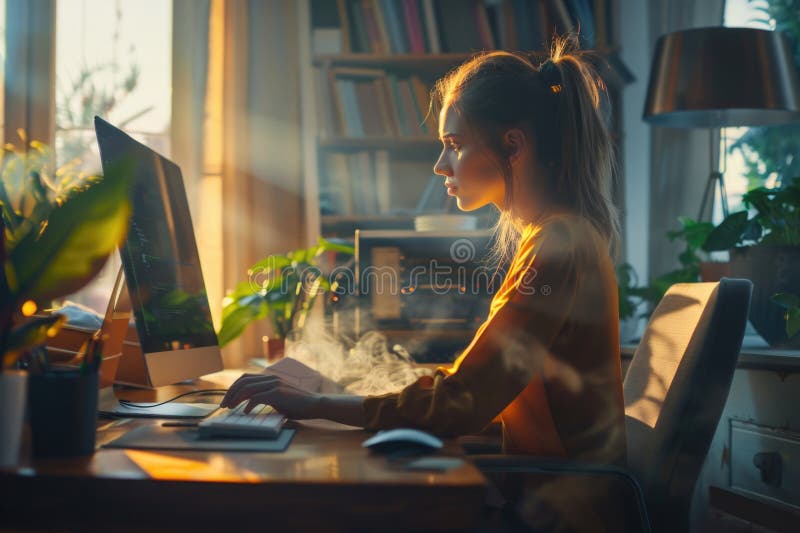A Person Sitting at a Desk Using a Computer, Possibly Working or ...