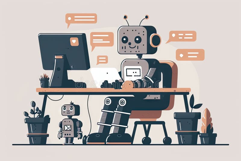 Person, Sitting at Desk, Using Cute Robot Assistant for Completing ...