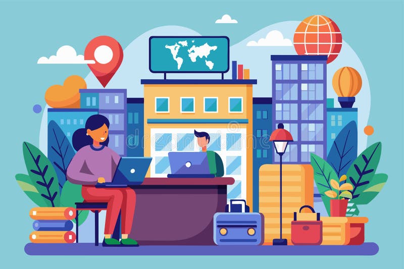 A Person is Sitting at a Desk, Using a Laptop Computer, Hotel Booking ...