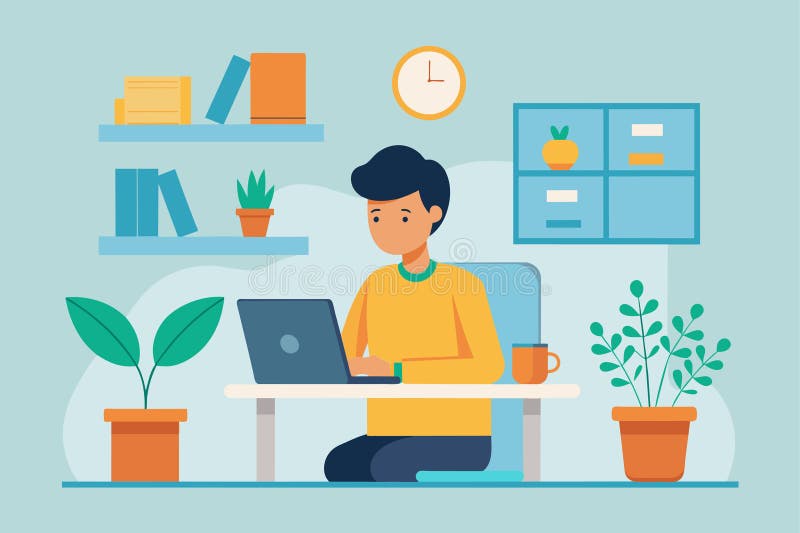 A Person is Sitting at a Desk, Working on a Laptop, Thinking about ...