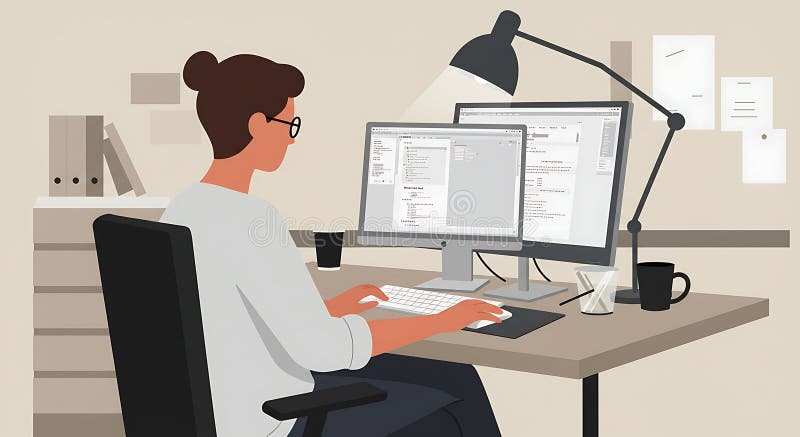 A Person is Sitting at a Desk Working on Two Computer Monitors ...