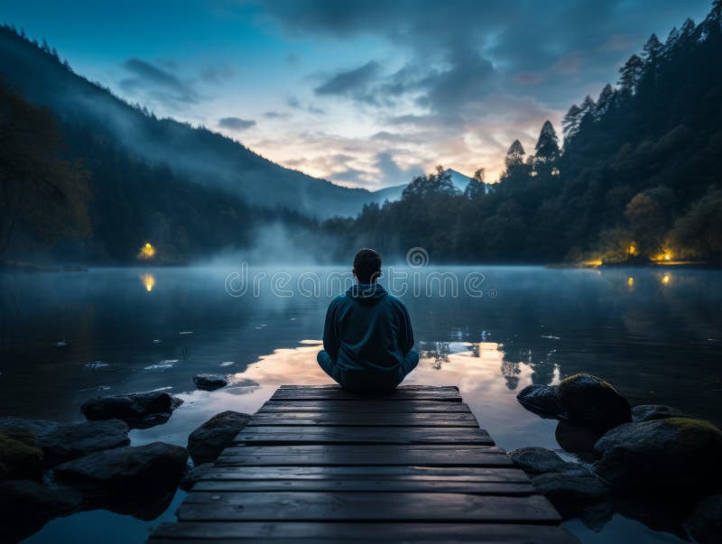 A Person Sitting on a Dock in Front of a Lake at Dusk Stock ...