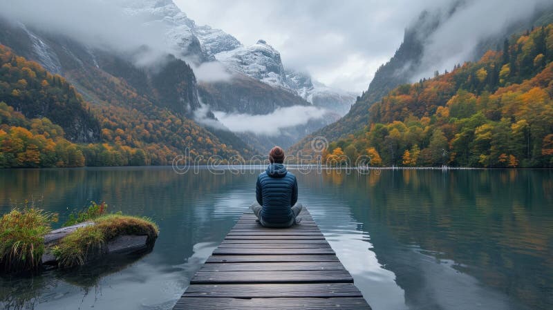 A Person Sitting on a Dock Looking Out Over the Water, AI Stock ...