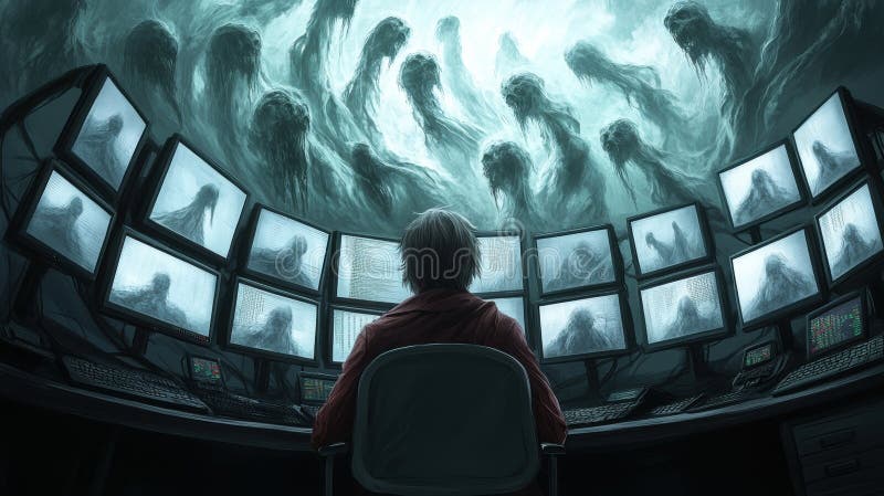 A Person Sitting in Front of a Computer Screen with Many Monitors, AI ...