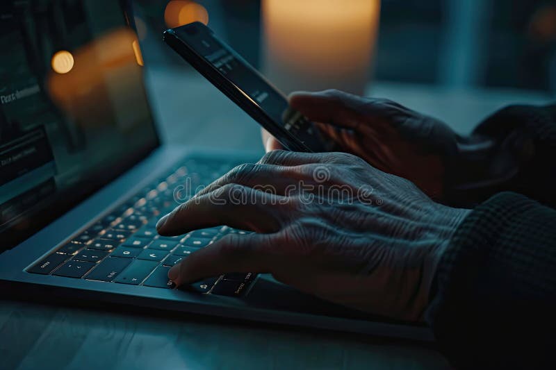 A Person is Sitting in Front of a Laptop Computer and Using a Cell ...
