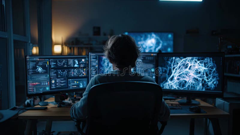 A Person Working on Multiple Computers with Data Visualization, Indoors ...
