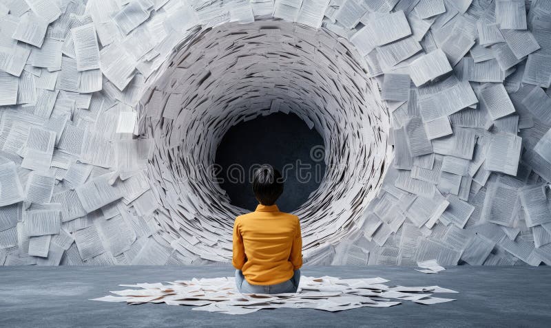 Person Sitting in Front of a Vortex-like Tunnel of Scattered Papers ...