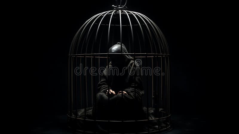 Person Sitting Inside a Cage, Symbolizing Confinement and Solitude ...
