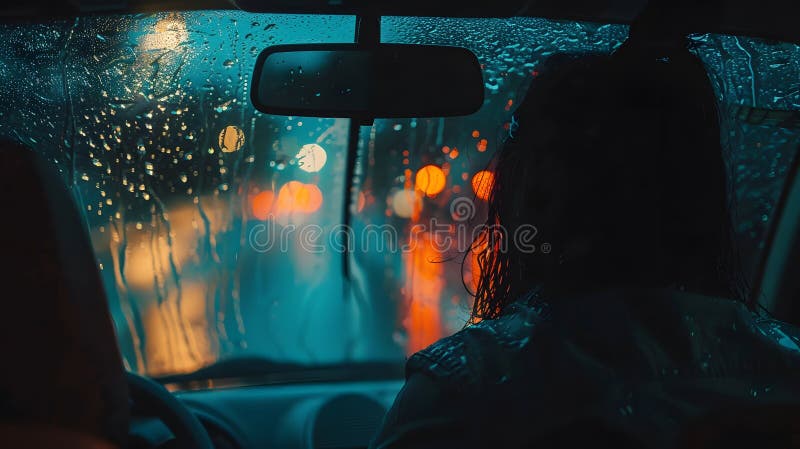 Person Sitting in Car Looking Out at Rain-Blurred Windshield Stock ...