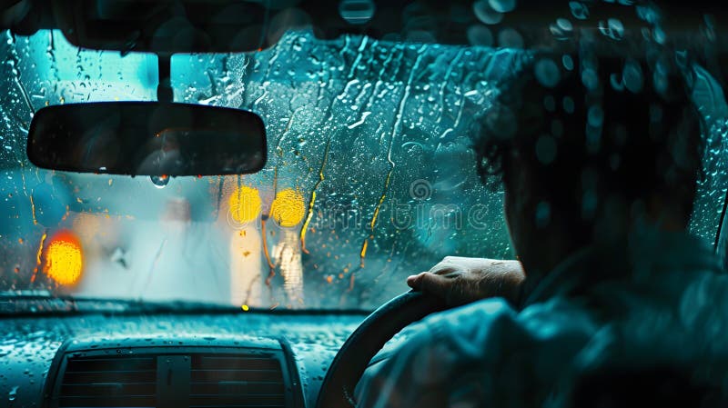 Contemplative Person Sitting in Car during Rainstorm Stock Illustration - Illustration of ...