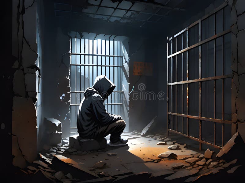 A Person Sitting in a Jail Cell with a Hood on Stock Illustration ...