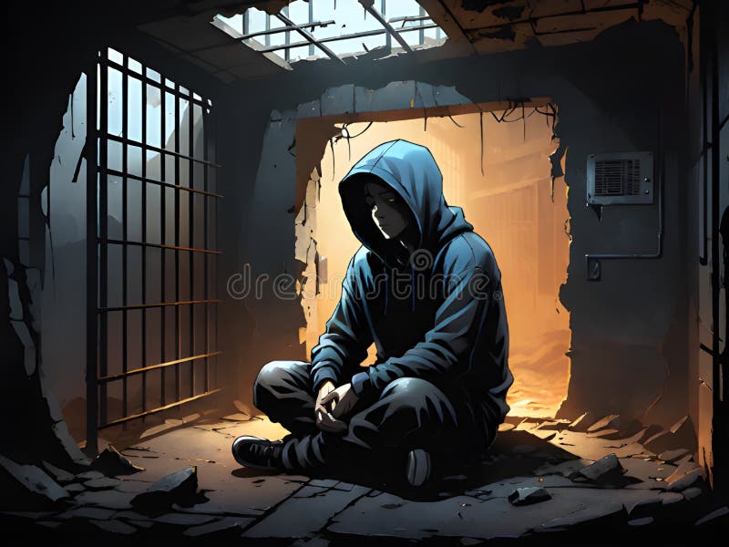 A Person Sitting in a Jail Cell with a Hood on Stock Illustration ...
