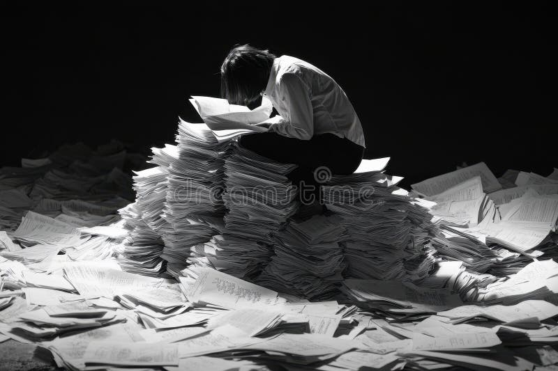 Person Sitting on a Large Stack of Papers Stock Illustration ...