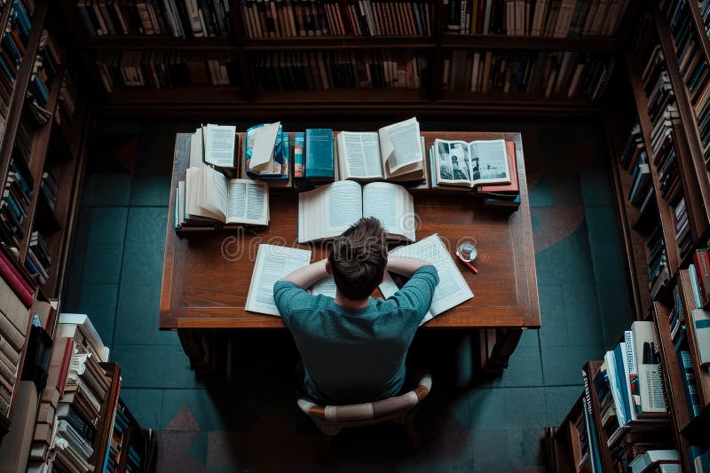Person Sitting in a Library, Reading Books and Taking Notes Stock Photo ...