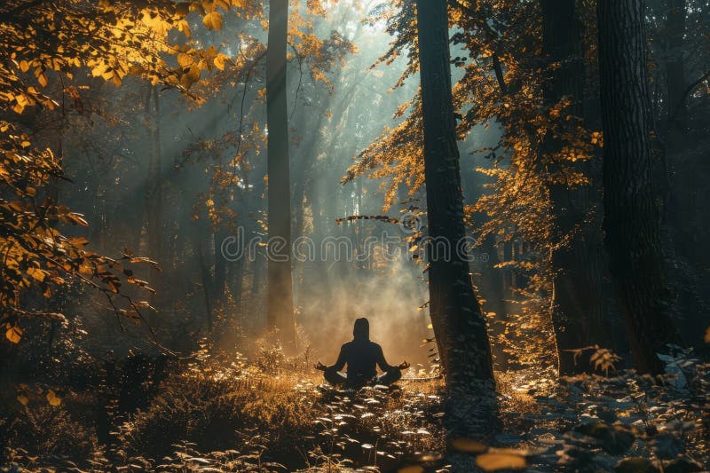 A Person Sitting in Meditation Posture Surrounded by Trees in a Forest ...