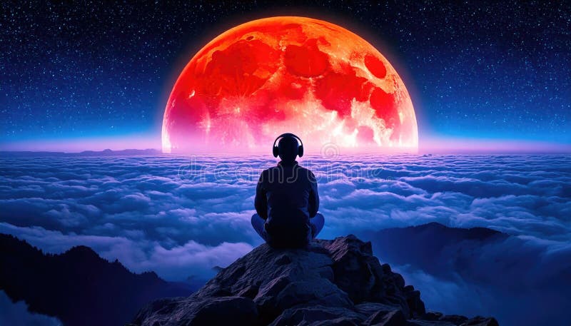 A Person Sitting on a Mountain Peak Above the Clouds, Staring at a ...