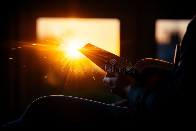Person Sitting on Sofa Holding Open Book with Glowing Light Emanating ...