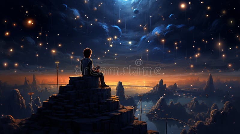 Person Sitting on Stairway Overlooking Fantasy Night Sky Stock ...
