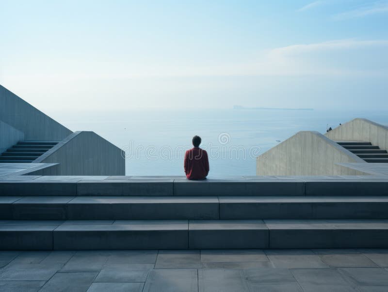A Person Sitting on the Steps of a Building Overlooking the Ocean Stock ...