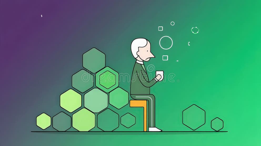 Person Sitting on Stool Holding Cup with Geometric Shapes in Background ...