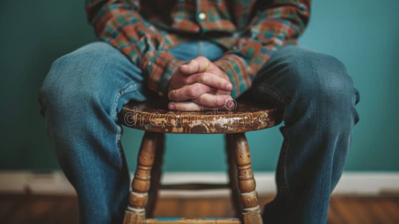 A Person Sitting on a Stool with Their Hands Folded in Front of Them ...