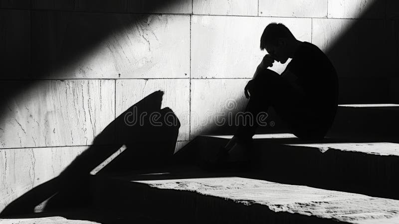 A Person Sitting on a Stoop Their Shadow Mirroring Their Slumped ...