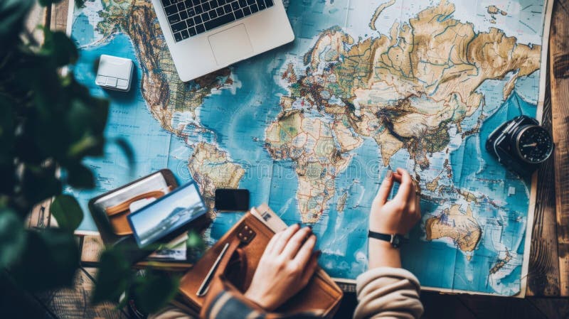 Person Sitting at Table with Laptop and Map Stock Image - Image of ...