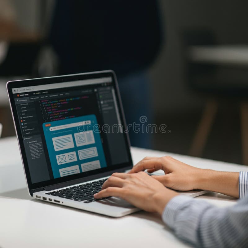 Person Sitting at a Table Typing on a Laptop. the Screen Displays a Web Development Stock ...