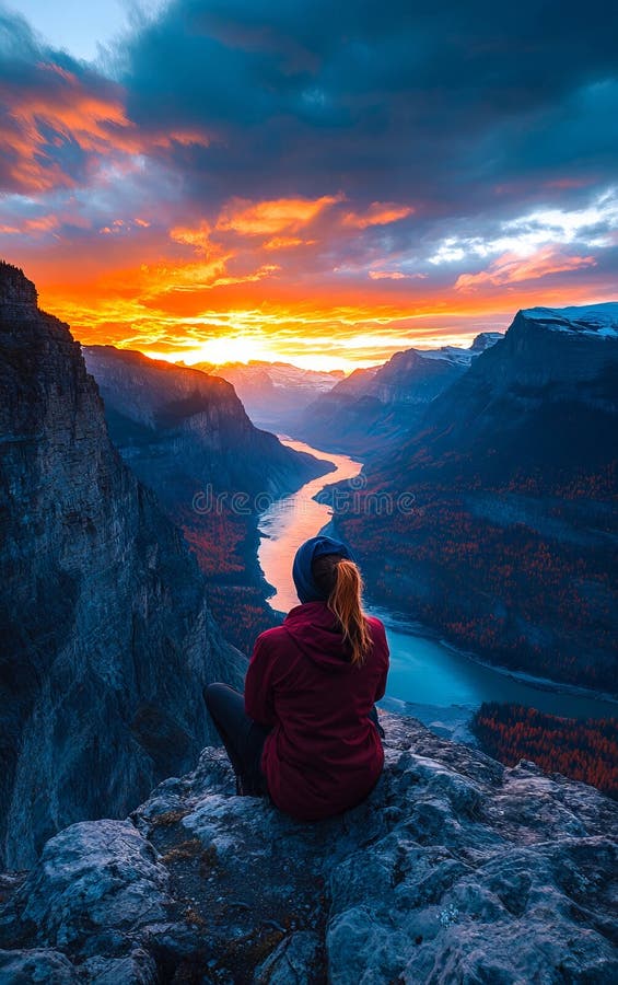 A Person Sitting on Top of a Mountain Looking Out Over a Valley Stock ...