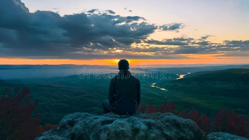A Person Sitting on Top of a Mountain Looking Out Over a Valley Stock ... A Person Sitting on Top of a Mountain Looking Out Over a Valley Stock ...