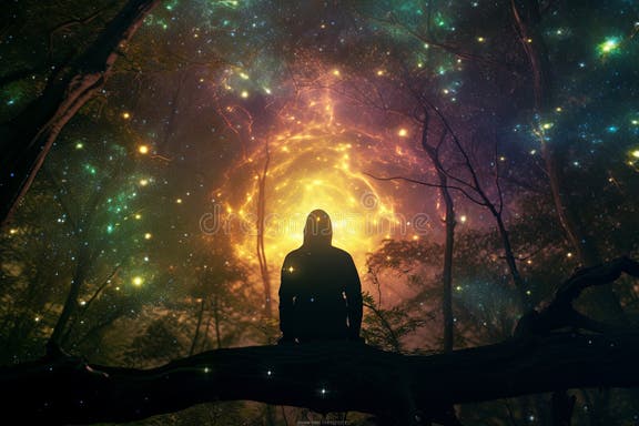 A Person Sitting on a Tree Branch in the Middle of a Forest Stock ...