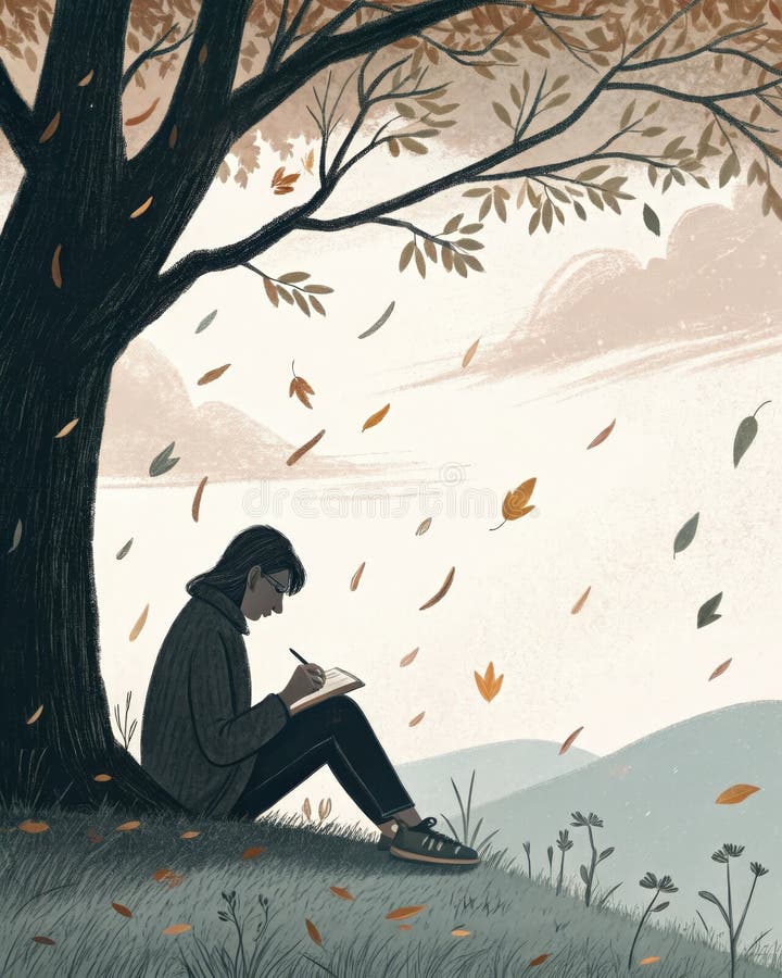 A Person Sitting Under a Tree Journaling As Leaves Fall Representing ...