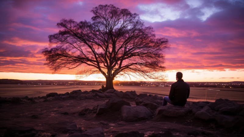 A Person Sitting Under a Tree at Sunset Stock Illustration ...