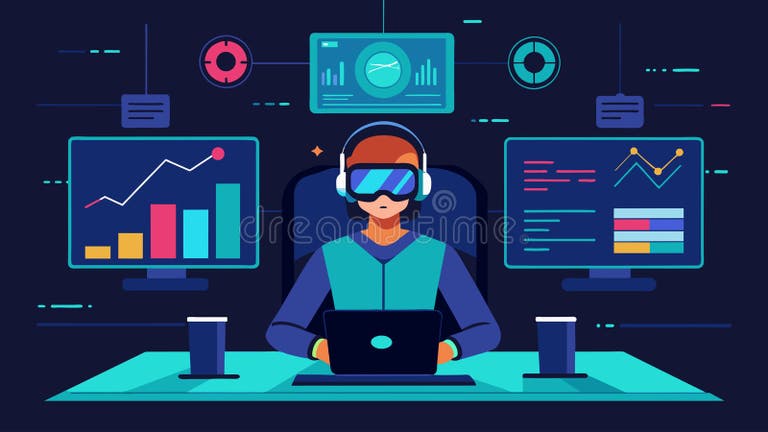 A Person Sitting at a Virtual Desk Surrounded by Screens Displaying ...