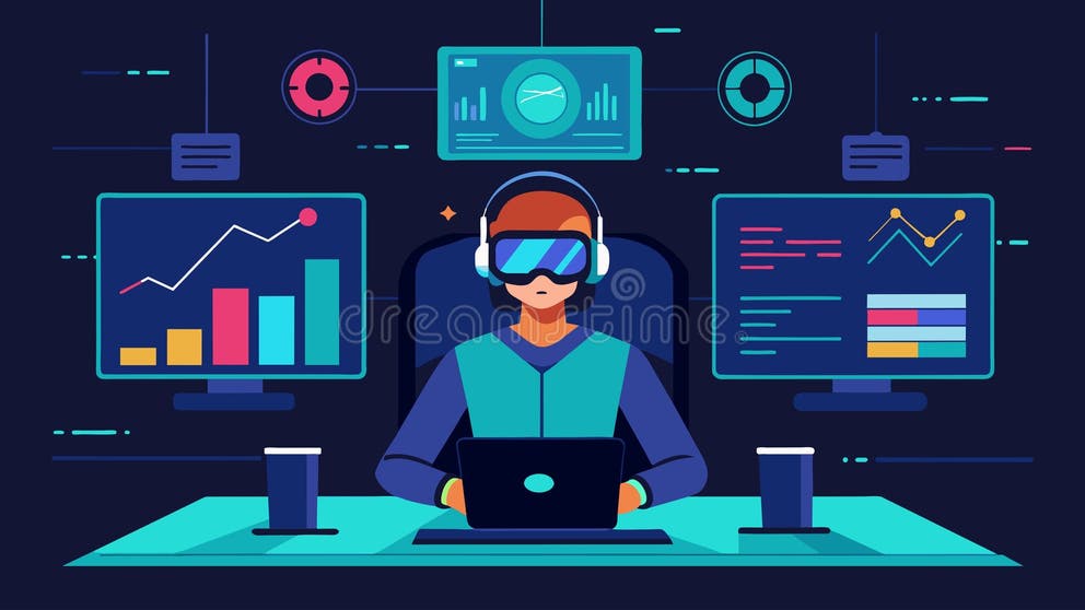 A Person Sitting at a Virtual Desk Surrounded by Screens Displaying ...
