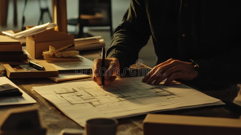 A Person Sketches Architectural Plans on a Desk Filled with Tools and ...