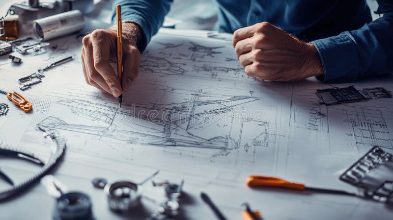 A Person Sketches Technical Drawings Surrounded by Tools and Mechanical ...
