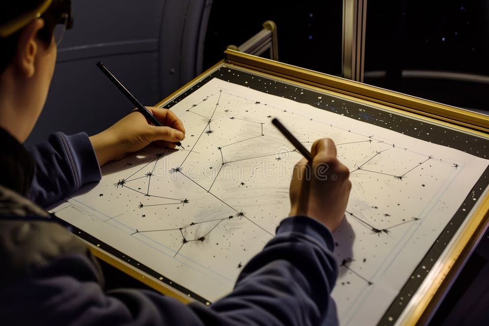 Person Sketching Constellations at a Drawing Board in Observatory Stock ...
