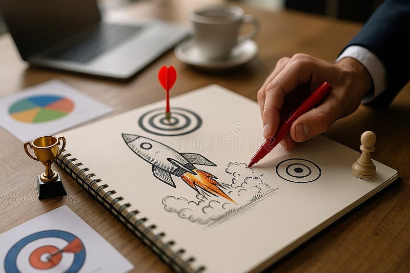 Person Sketching Rocket Launch Concept in Spiral Notebook with Target ...