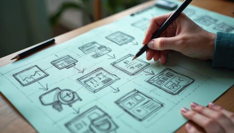 Person Sketching Website Design Layouts. Creative Work in Progress ...